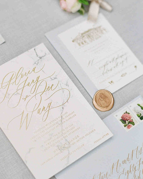 Elegant Marble and Gold Invitations // Vancouver Wedding at Hycroft Ma ...